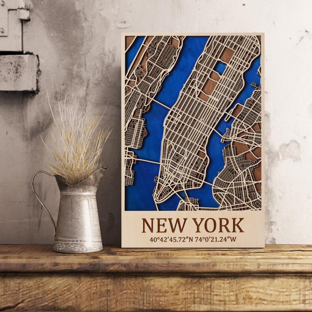 New York Epoxy Wooden Map Travel Lover Gift Wall City Map Wooden New ...
