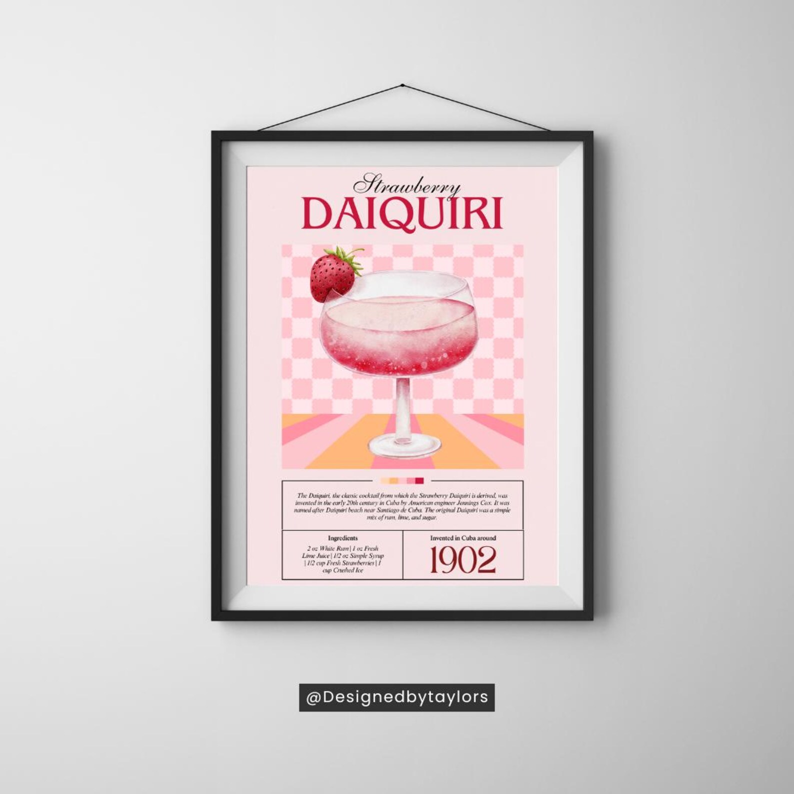 Strawberry Daiquiri Cocktail Poster | Retro Bar Art | Printable Drink ...