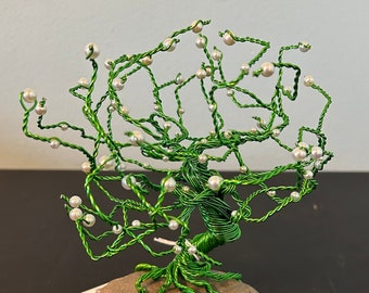 Copper Wire Tree With Green Glass Leaves on Stone - Etsy