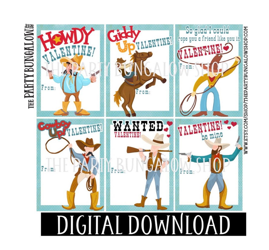 Printable Valentine Cards, Cowboy Valentine Cards, Kids Valentines ...