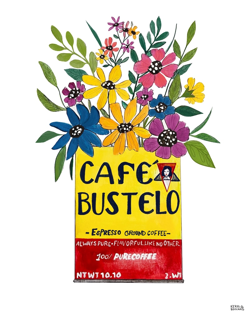 Coffee Can Art Print: Kitchen Wall Decor, Bustelo Cafe Floral Food ...