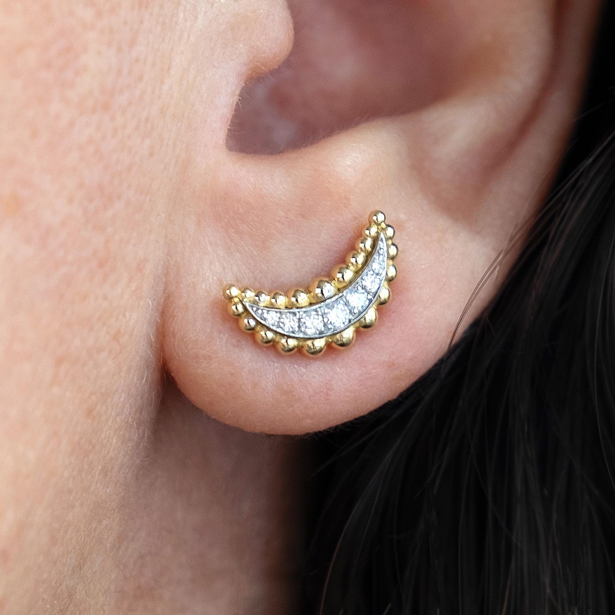 18K Solid Gold Crescent Moon Diamond Earrings, Dainty Diamond Moon Studs, Gold Celestial Jewelry ...