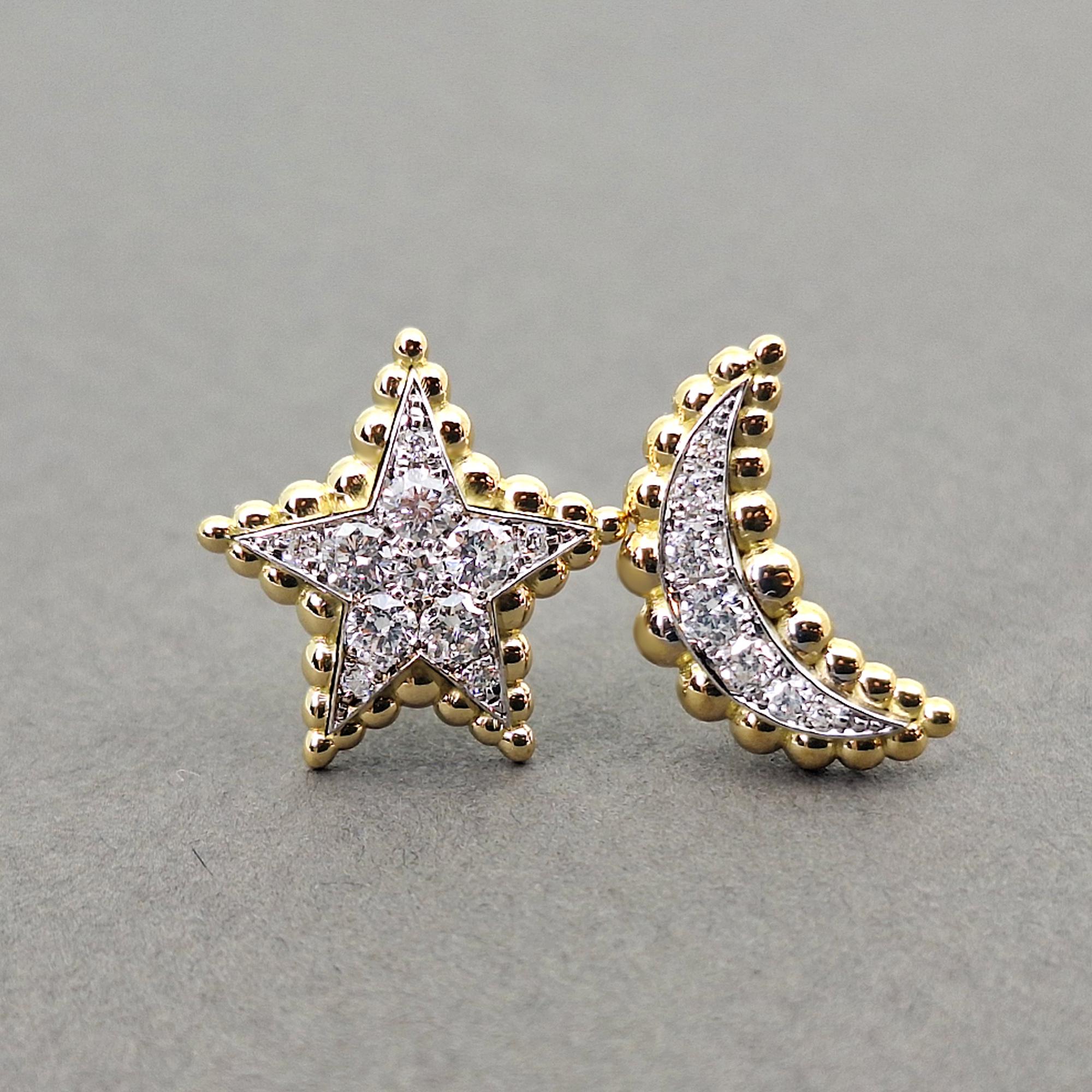 18K Solid Gold Crescent Moon Diamond Earrings, Dainty Diamond Moon ...
