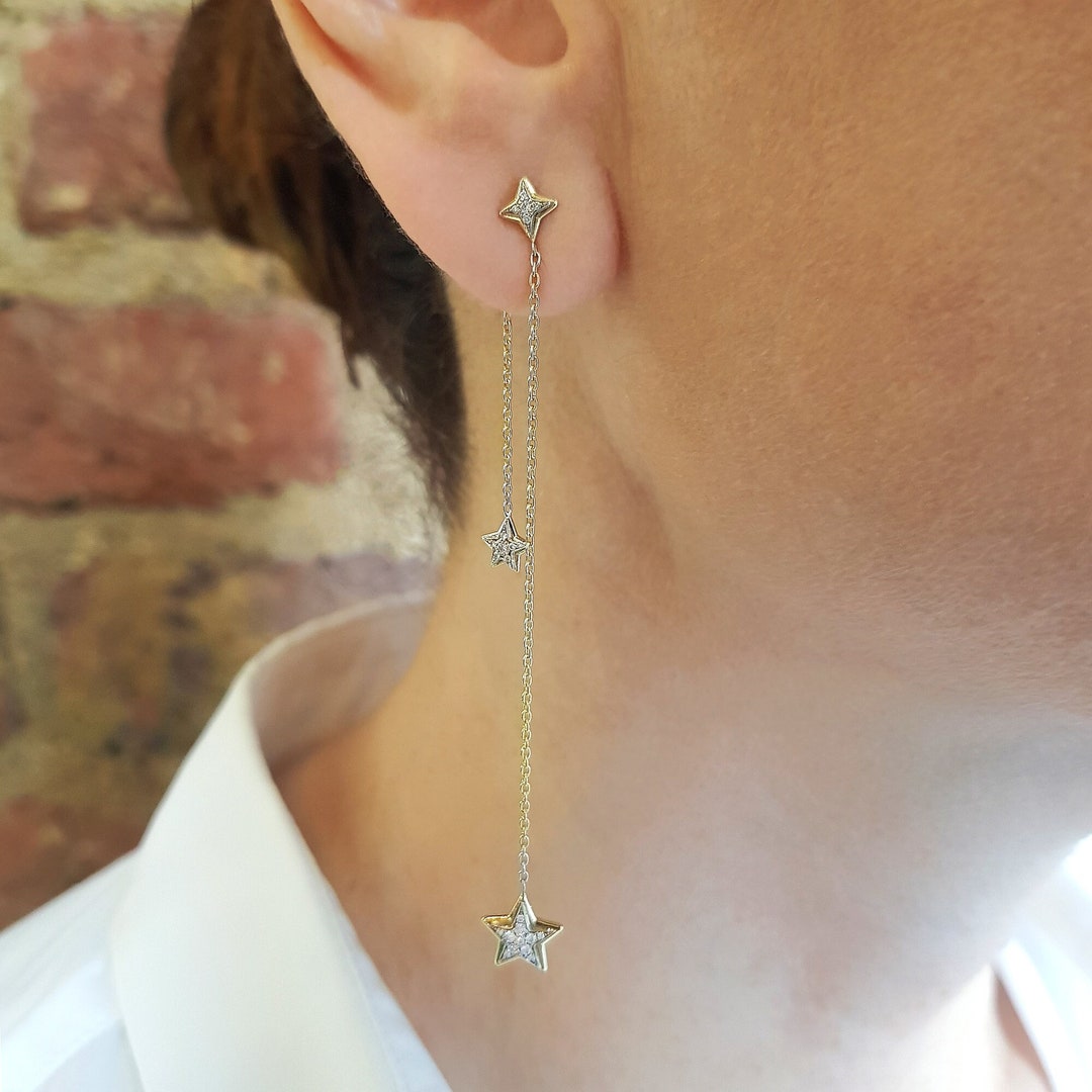 Long Dangle Stars Earring in Solid 18K Gold, Long Chain Earrings, Starburst Dangle Earrings ...