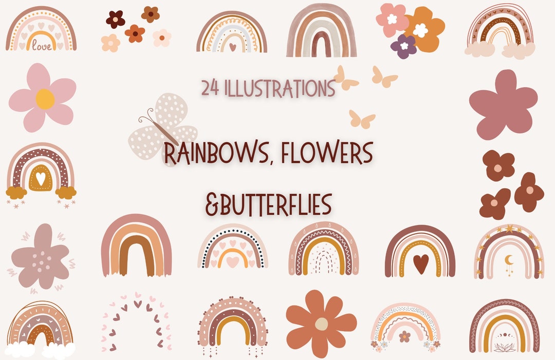 Rainbow Clipart Bundle, Flowers, Butterflies, Instant Download Stickers ...
