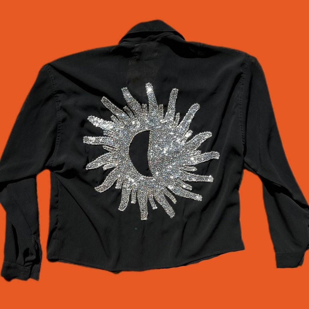 1980s/90s Black Sequined Sheer Chiffon Button up Top Collared, Long ...