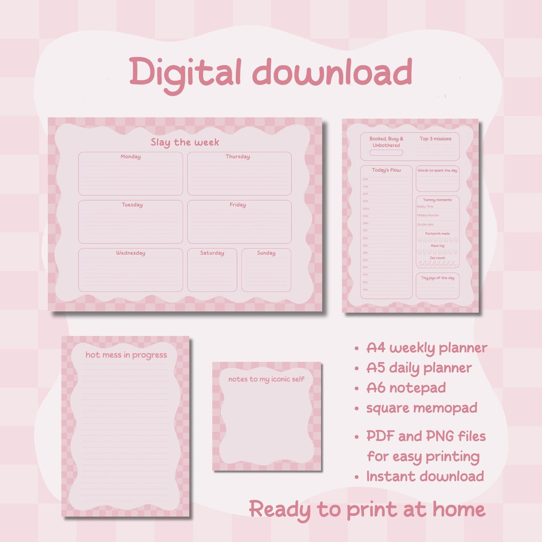 Pink Checkered Planner Bundle | Weekly, Daily, Notes (digital Download ...