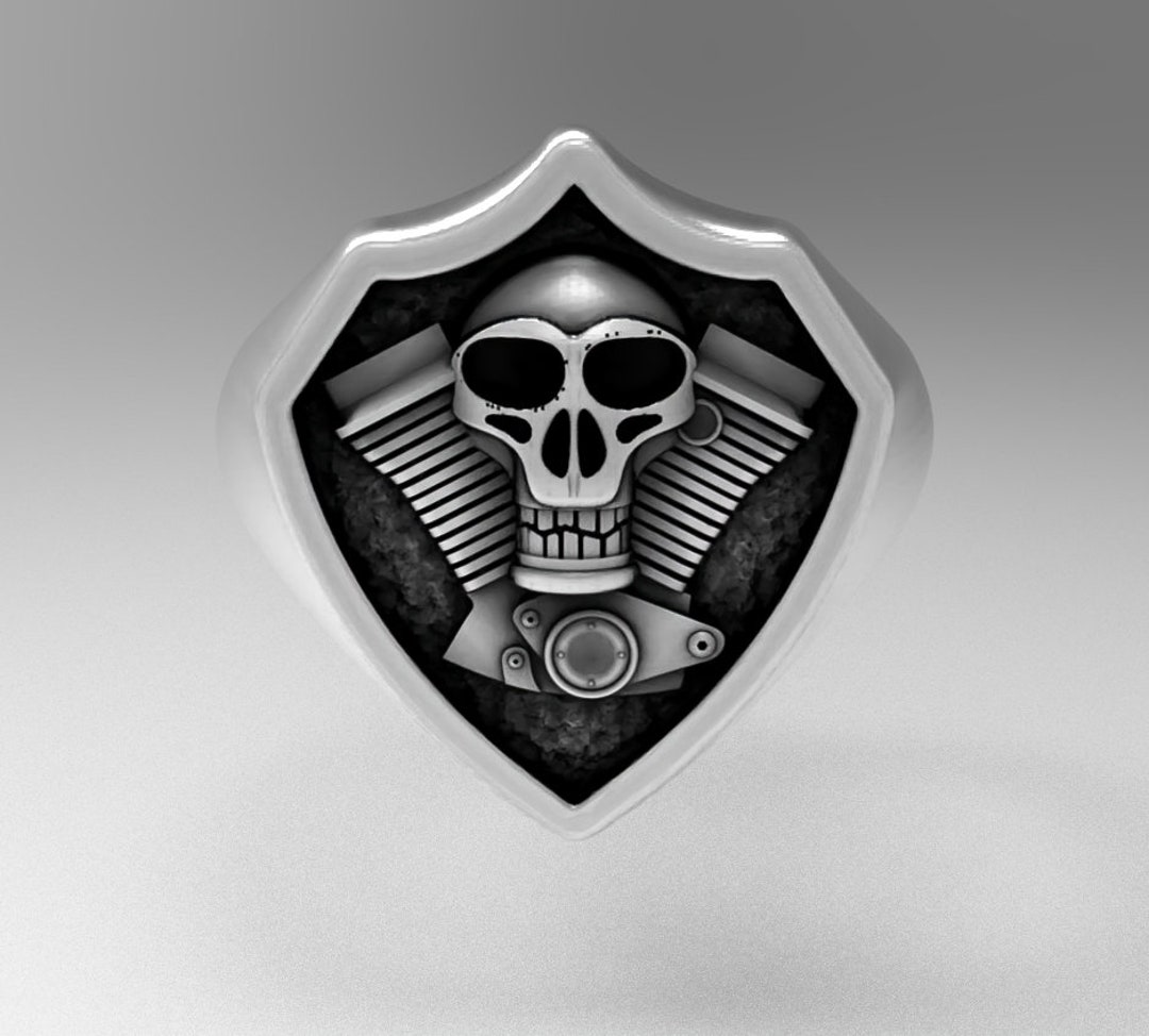 Oxidized Sterling Silver Motorcycle Engine Skull Ring - Etsy