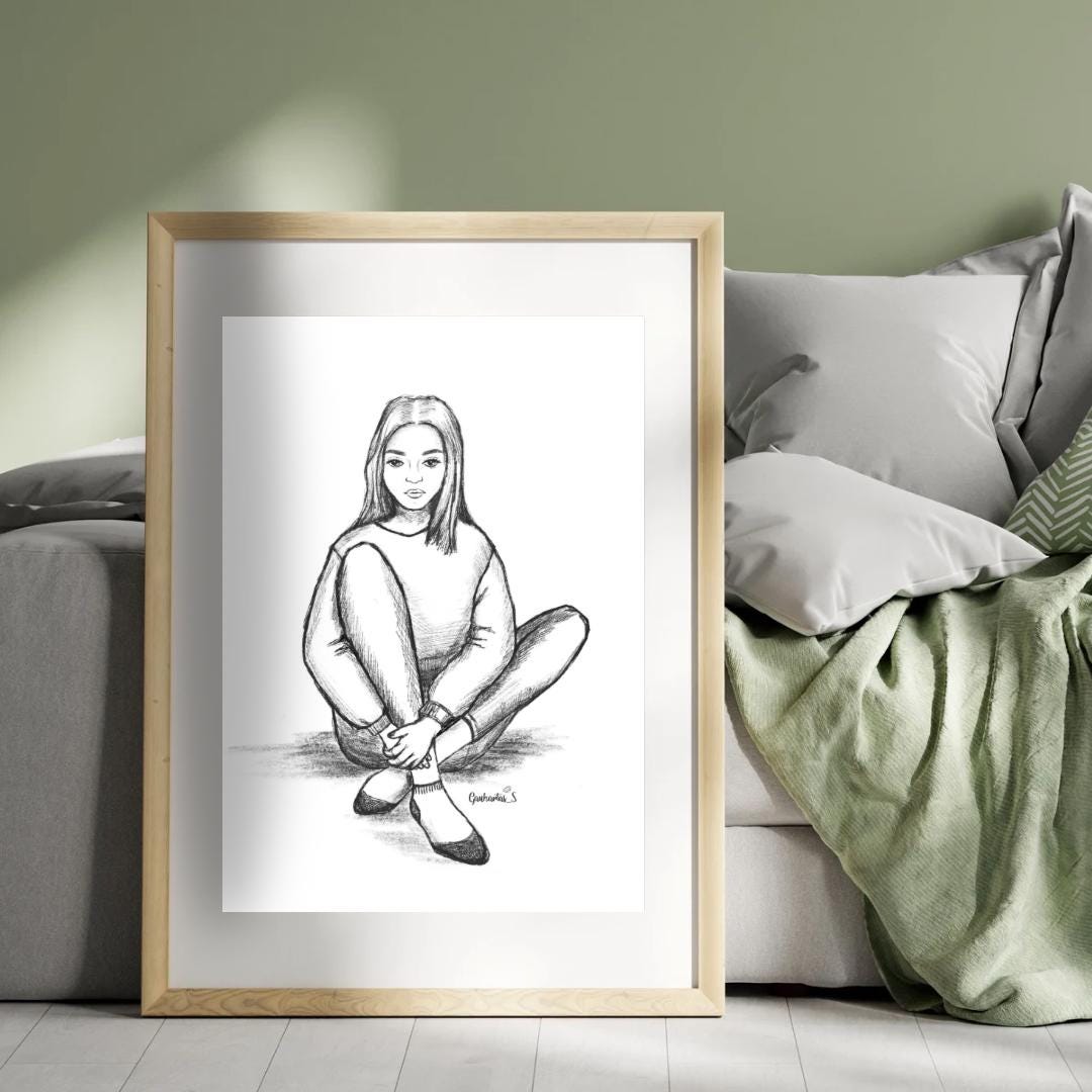 Printable Poster Instant Download Illustration Sad Girl Black and White ...