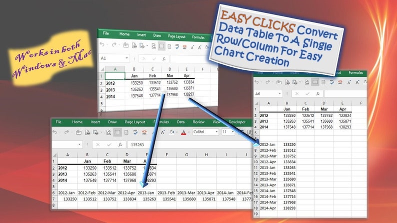 Excel Data Rearranging Tool - Convert Data Table to A Single Row or Column - Etsy