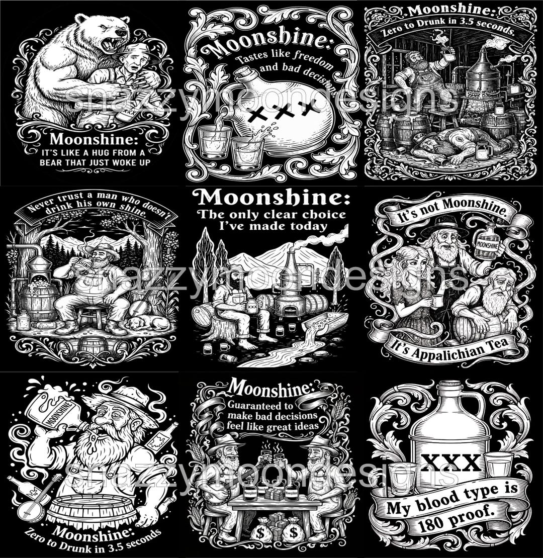 Moonshine Coaster Laser Engrave Files | Appalachian Art (PNG Bundle) - Etsy