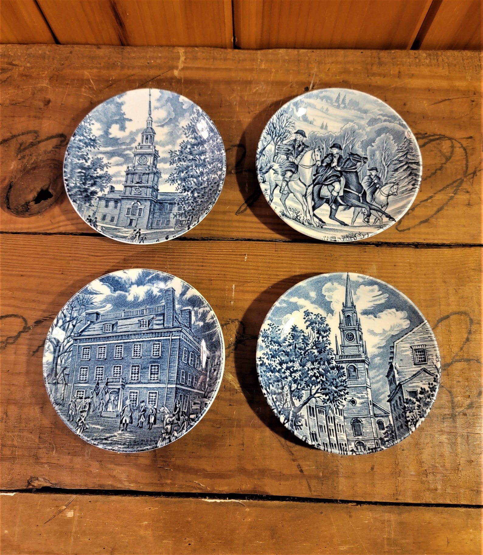 4 Liberty Blue Staffordshire Ironstone Coasters With 4 Different Scenes ...