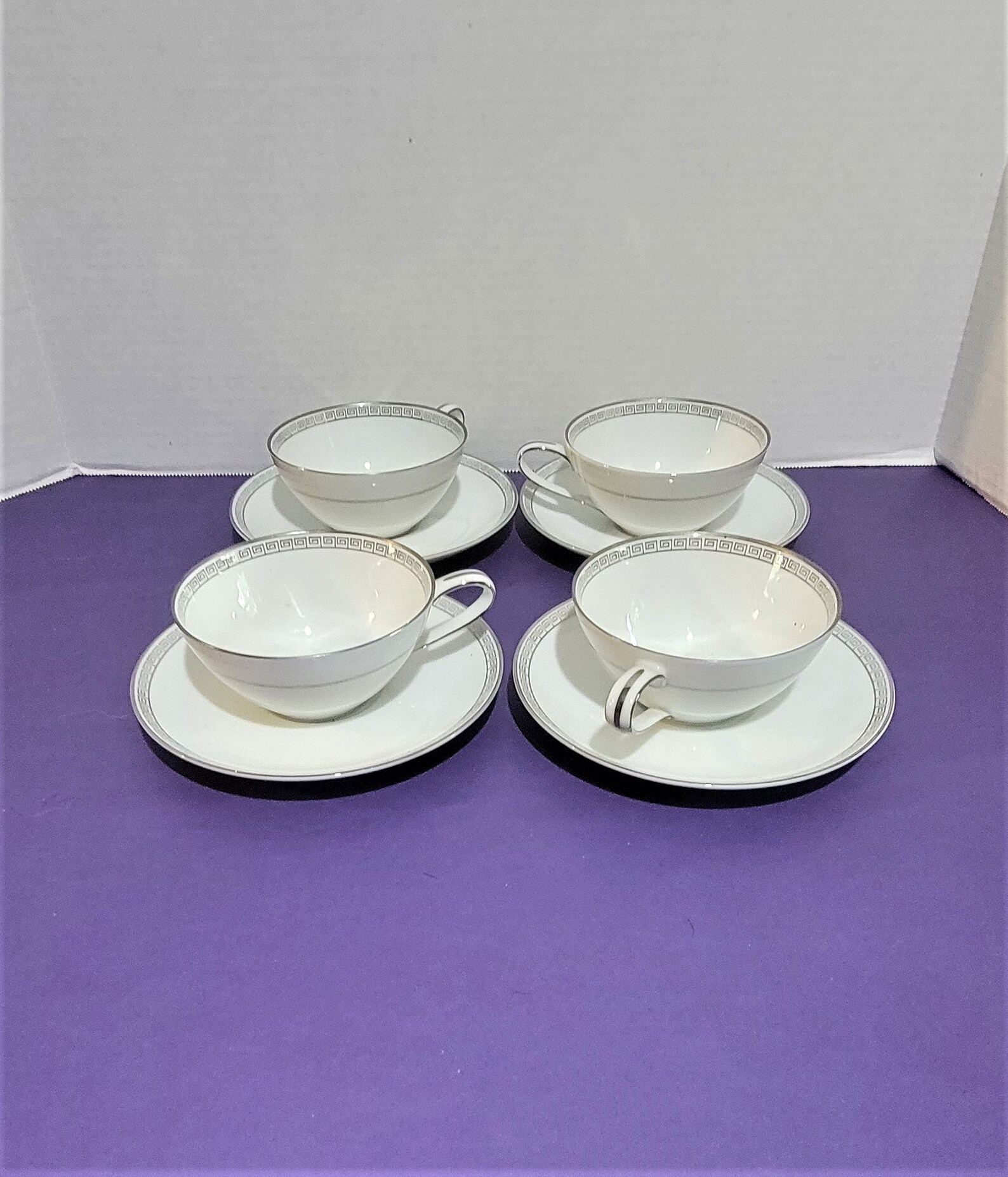 4 Noritake Silver Key/greek Key Tea Cups & Saucers - Etsy