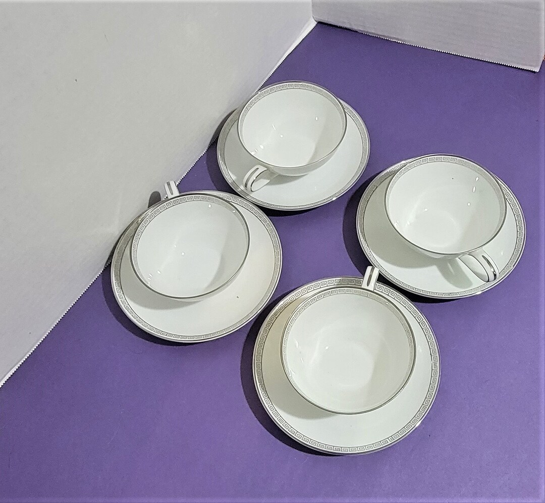 4 Noritake Silver Key/greek Key Tea Cups & Saucers - Etsy