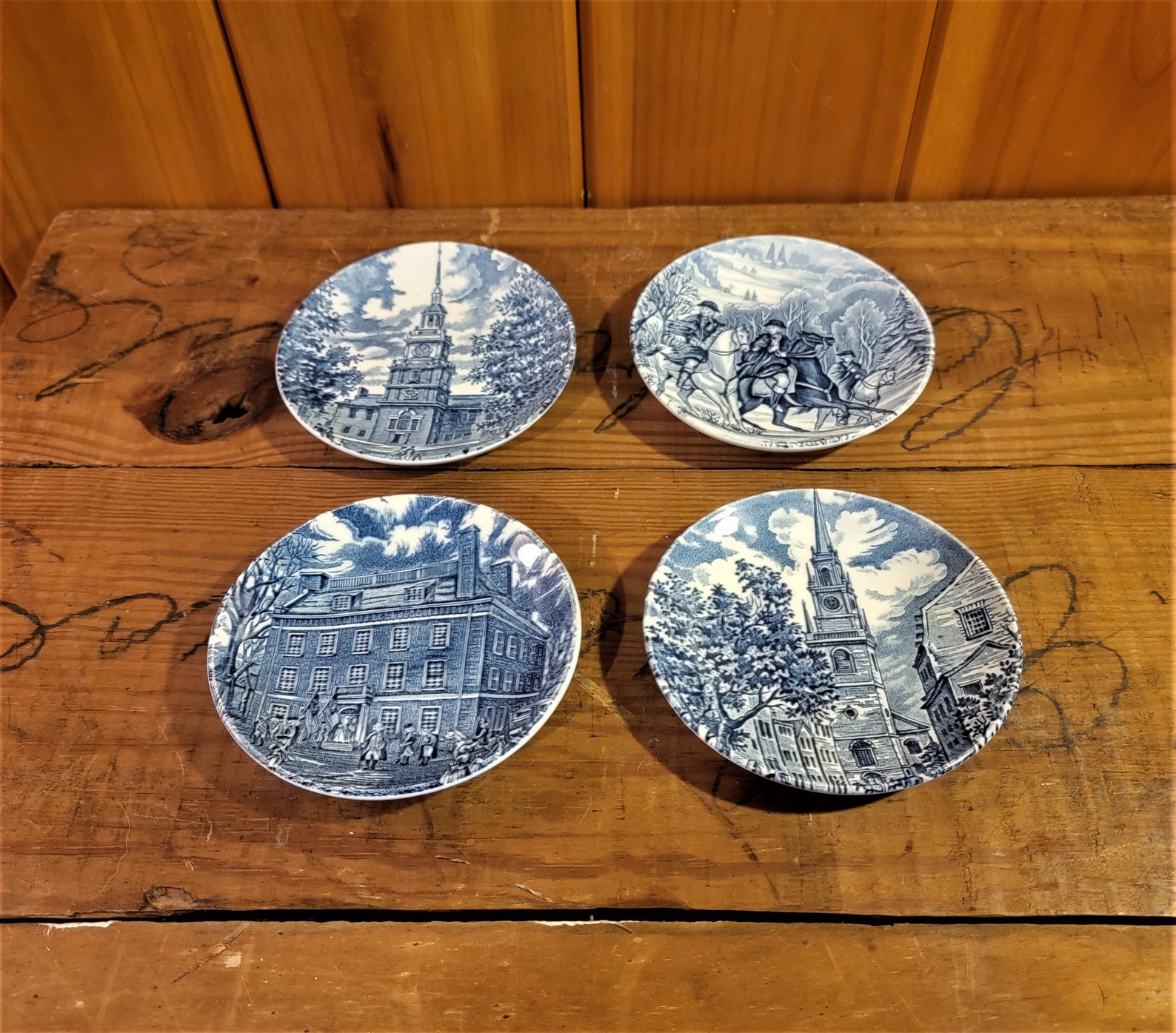 4 Liberty Blue Staffordshire Ironstone Coasters With 4 Different Scenes ...