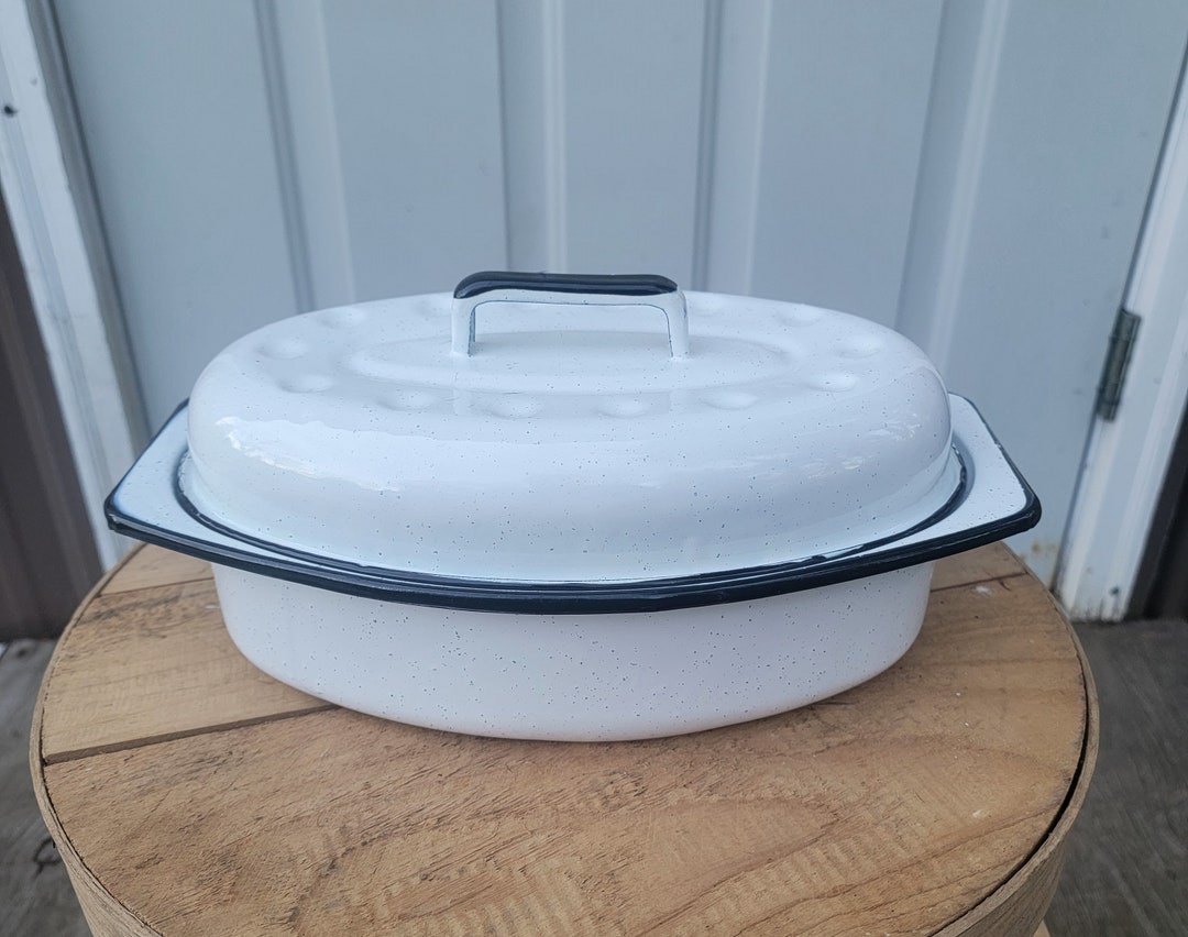 Small White With Black Trim Oval Enamelware Roaster Pan It Measures 12 ...