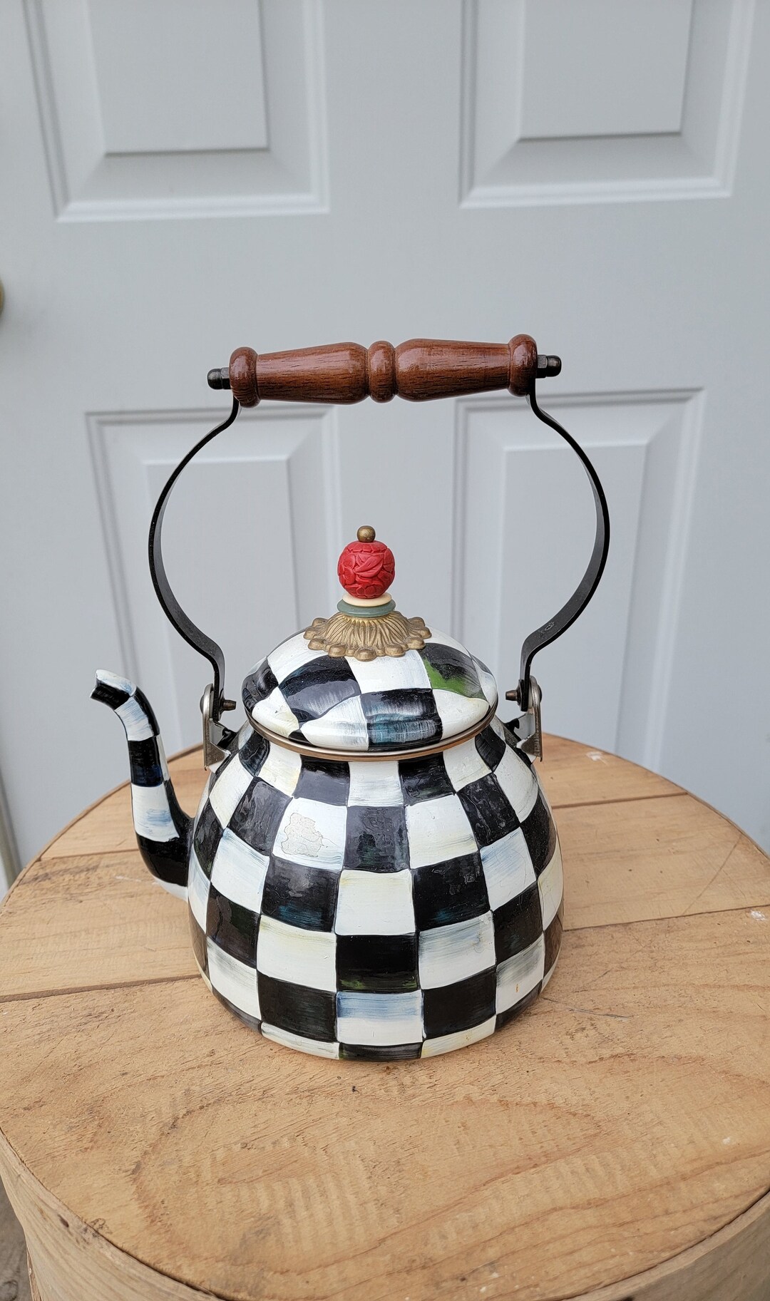 Mackenzie Childs Black & White Checkered Enamelware Tea Kettle/pot. It ...
