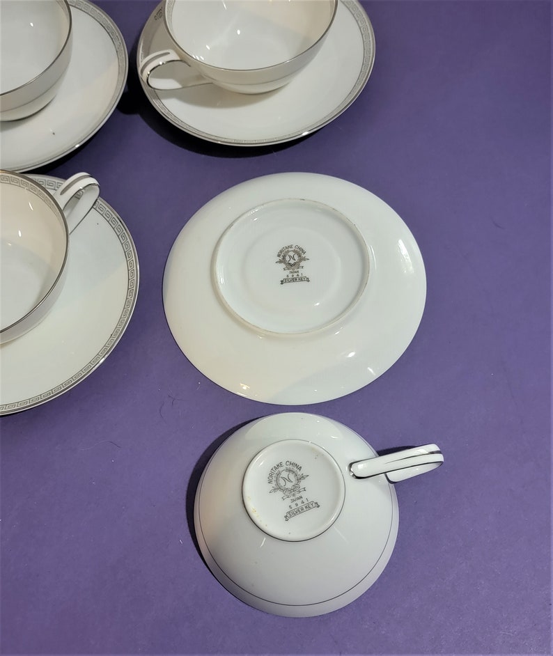 4 Noritake Silver Key/greek Key Tea Cups & Saucers - Etsy