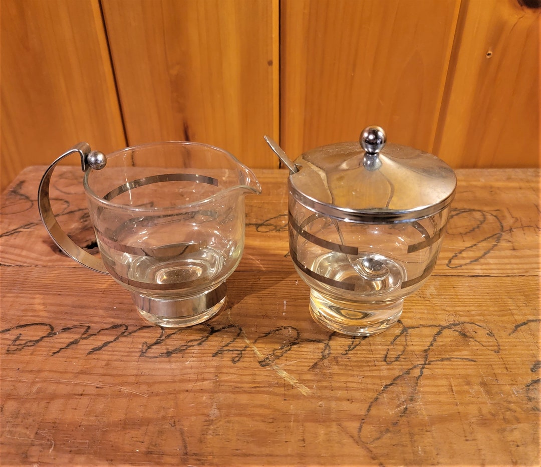 Glass Cream & Sugar With Brown Stripes. Sugar Has Sweet and Low on the ...