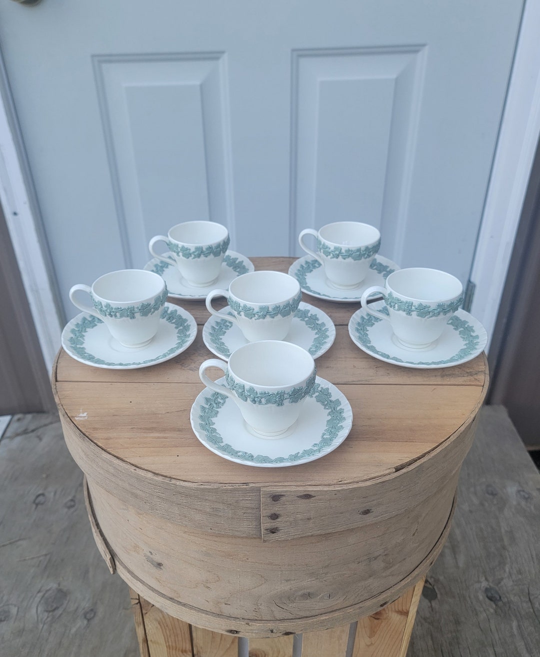 6 Wedgewood Celadon Green on Cream Embossed Queensware Demitasse Tea ...