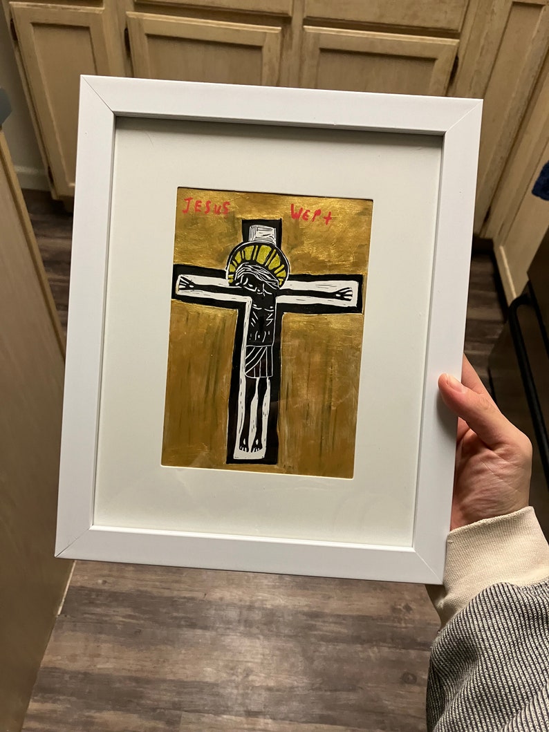 Hand Painted Crucifixion Linocut Print - Etsy