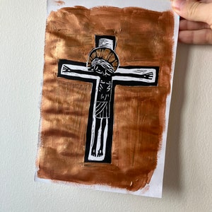 Hand Painted Crucifixion Linocut Print - Etsy