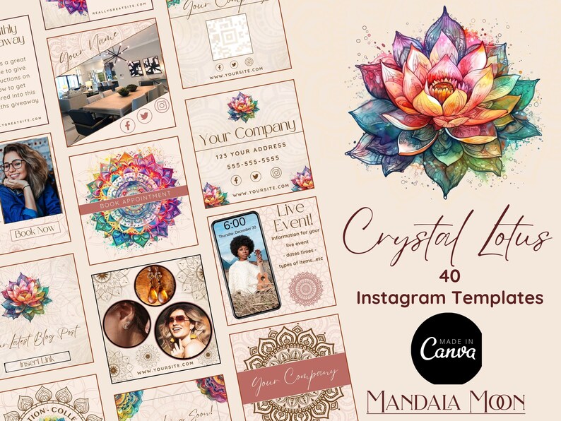 40 Crystal Lotus Mandala Instagram Templates - Canva Templates - Beige ...