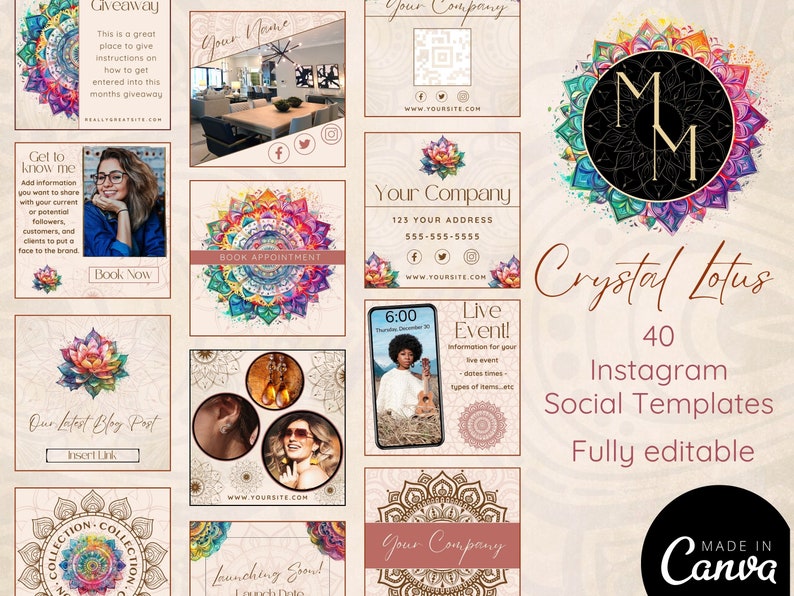 40 Crystal Lotus Mandala Instagram Templates - Canva Templates - Beige ...