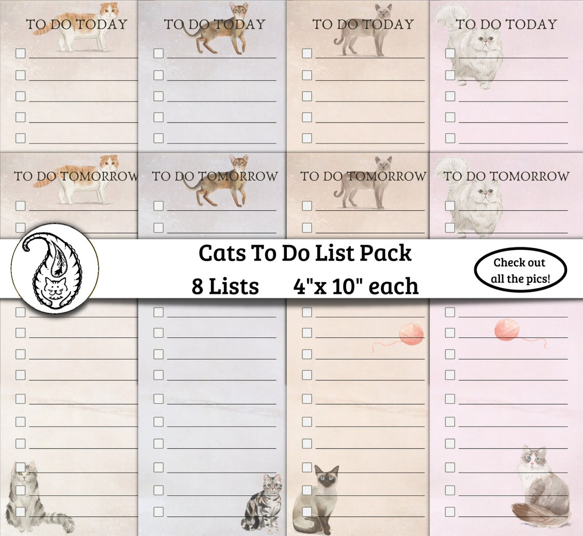 TO DO LISTS Pack, 4 Different Designs, Cats, Instant Download, Print ...