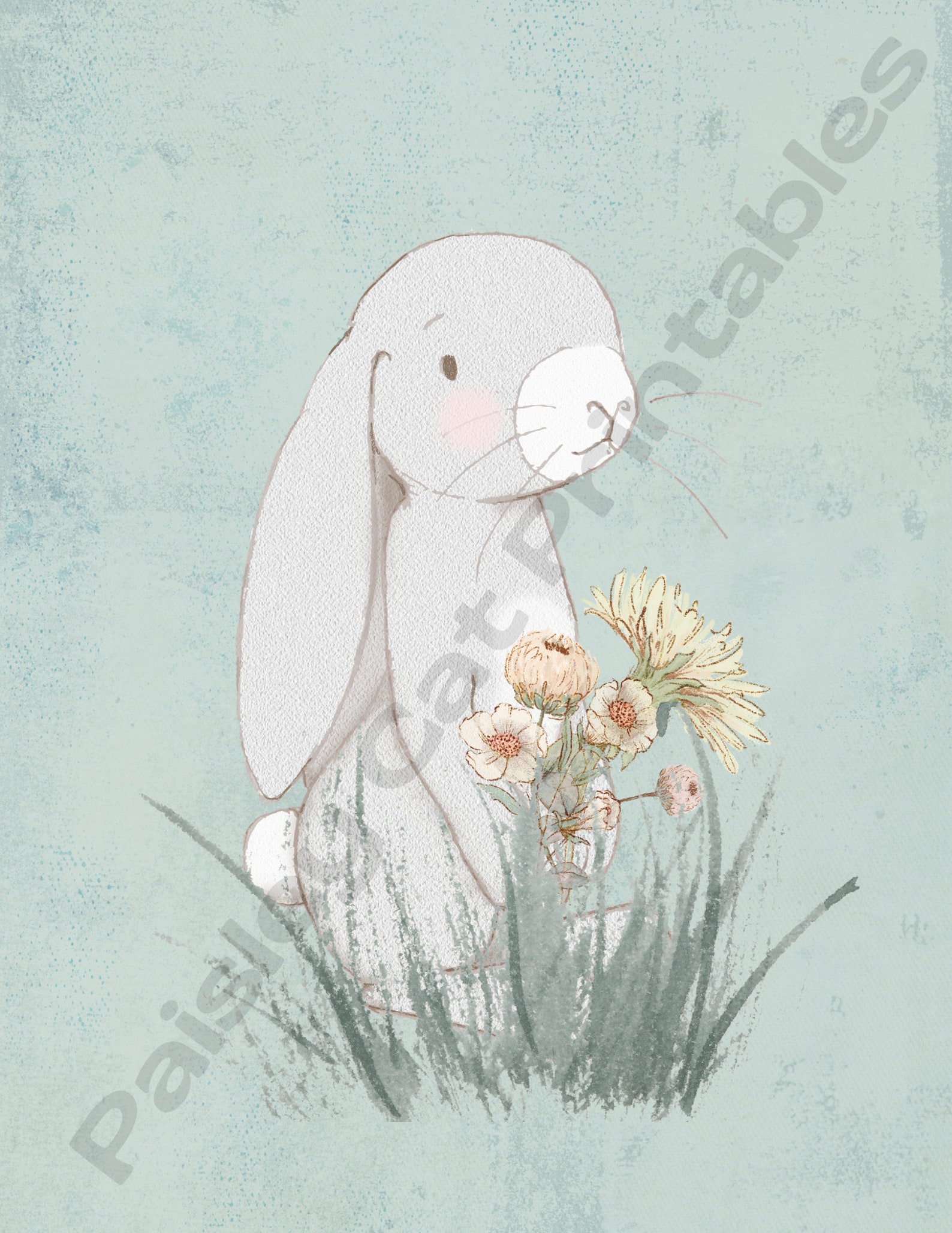FLOPPY EAR BUNNY With Bouquet of Flowers, Watercolor, Rabbit Art ...