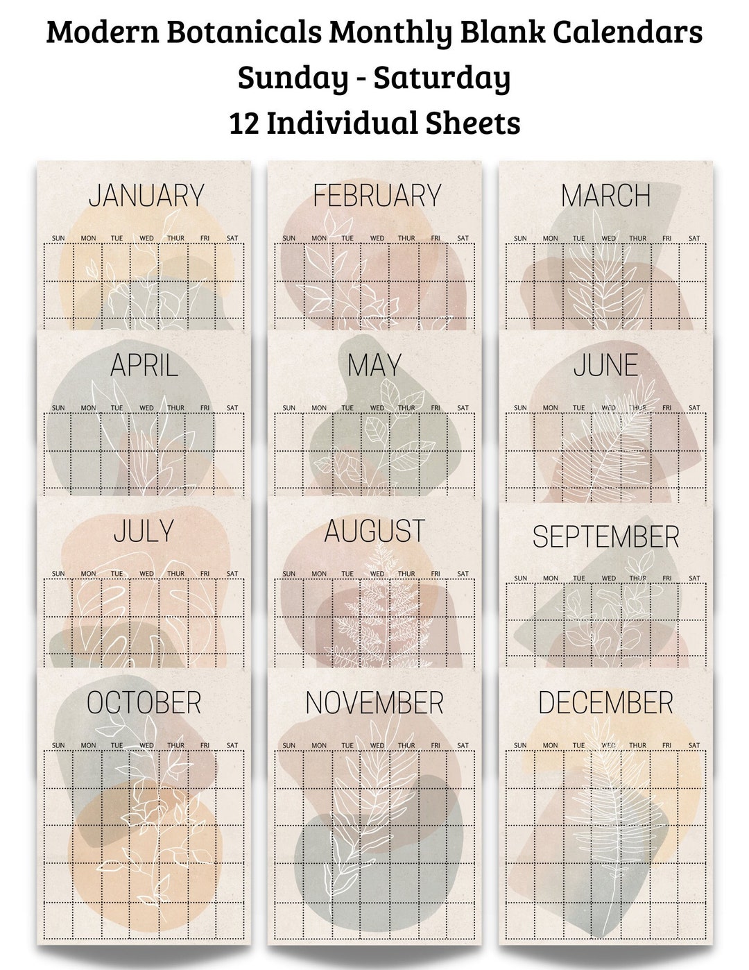 MODERN BOTANICALS UNDATED Blank Calendar, Planner, 12 Designs, Sun-sat ...