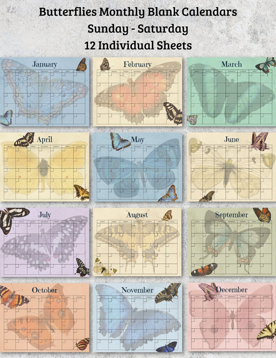 BUTTERFLIES UNDATED BLANK Calendar, Planner, 12 Designs, Sun-sat, Mon ...