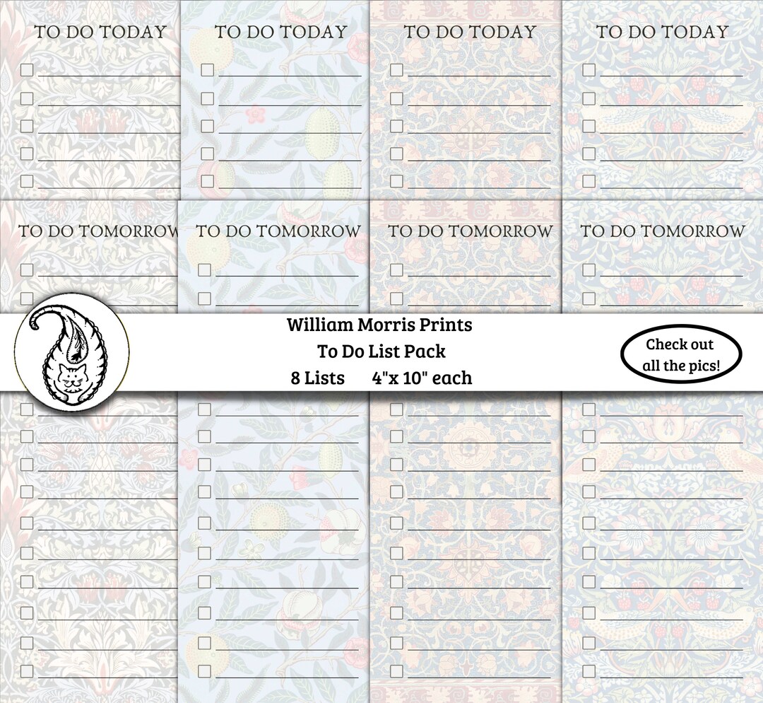 TO DO LISTS Pack, 4 Different Designs, William Morris, Instant Download ...