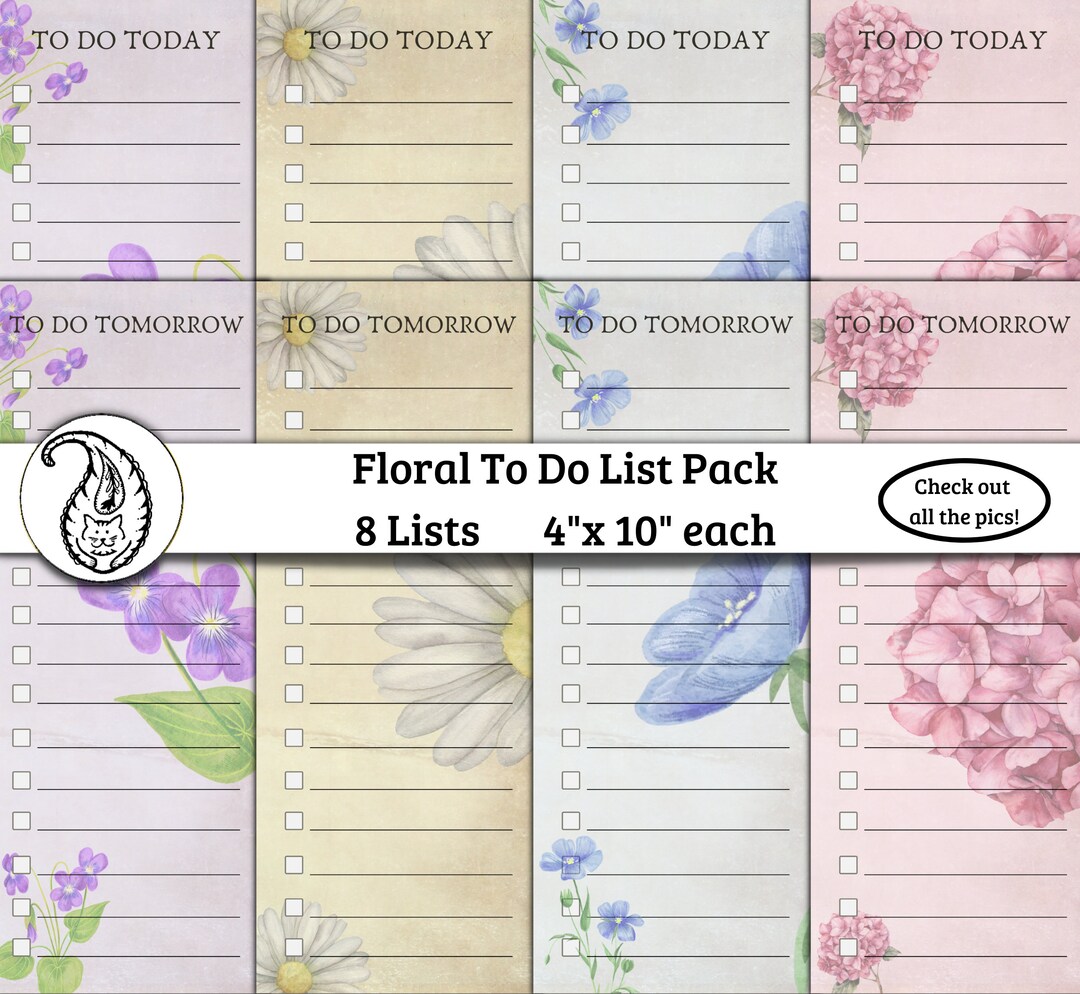 TO DO LISTS Pack, 4 Different Designs, Flowers, Instant Download, Print ...