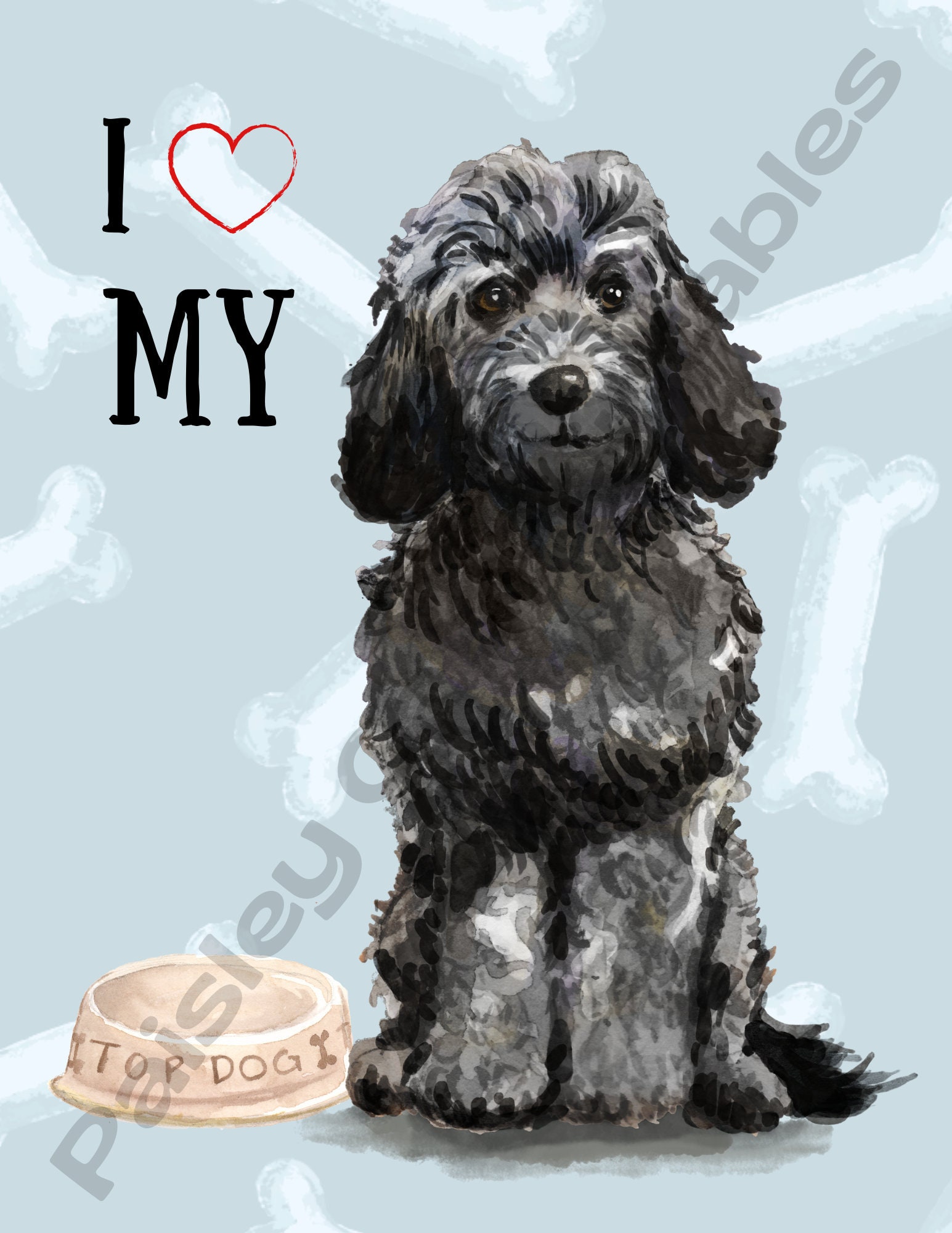 I LOVE MY Black Cockapoo, Aquarell Hund, Süße Haustier Kunst, Sofort ...