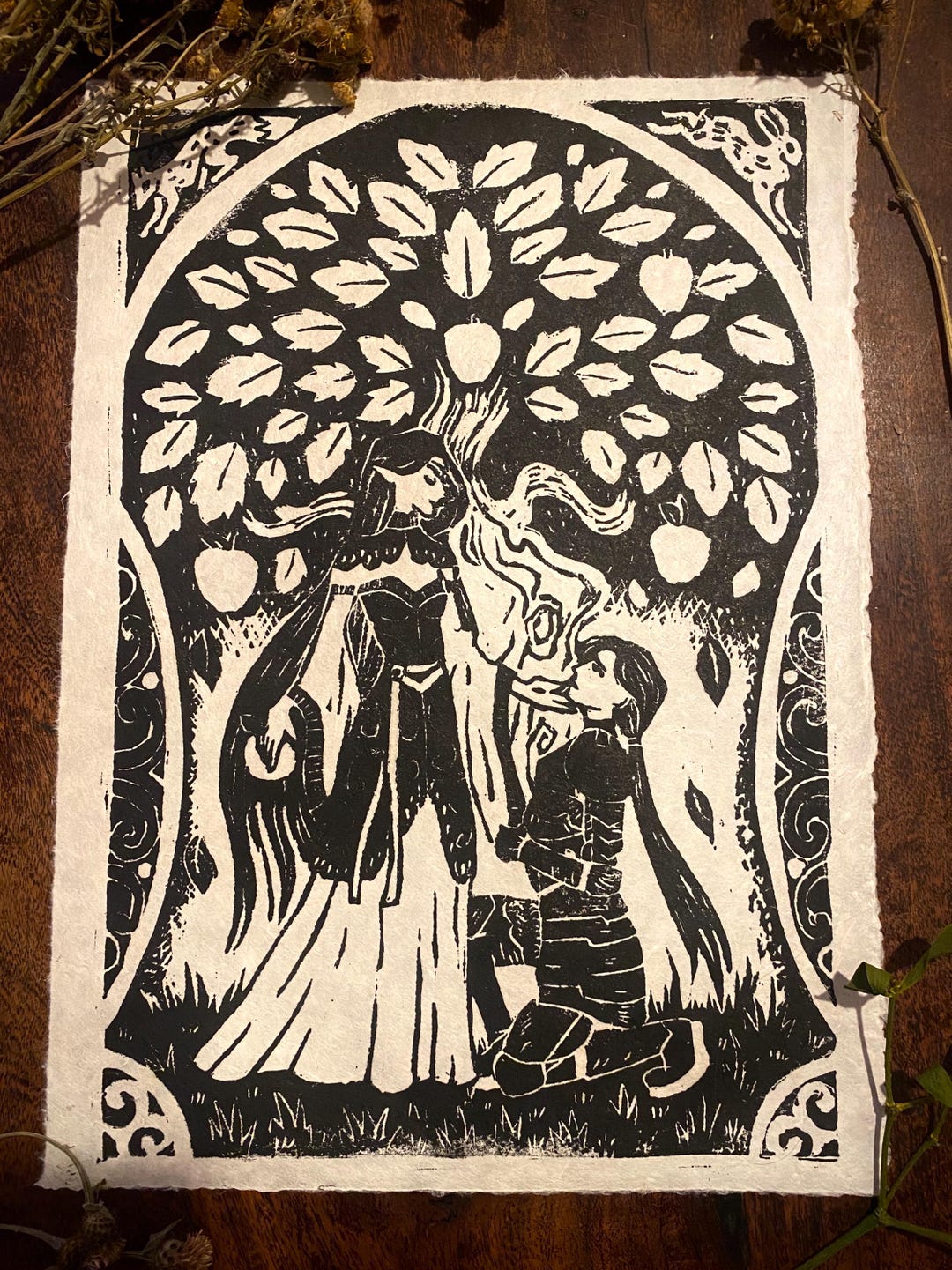 The Fox and the Hare - Elf Queen and Knight A3 Linoprint - Etsy UK