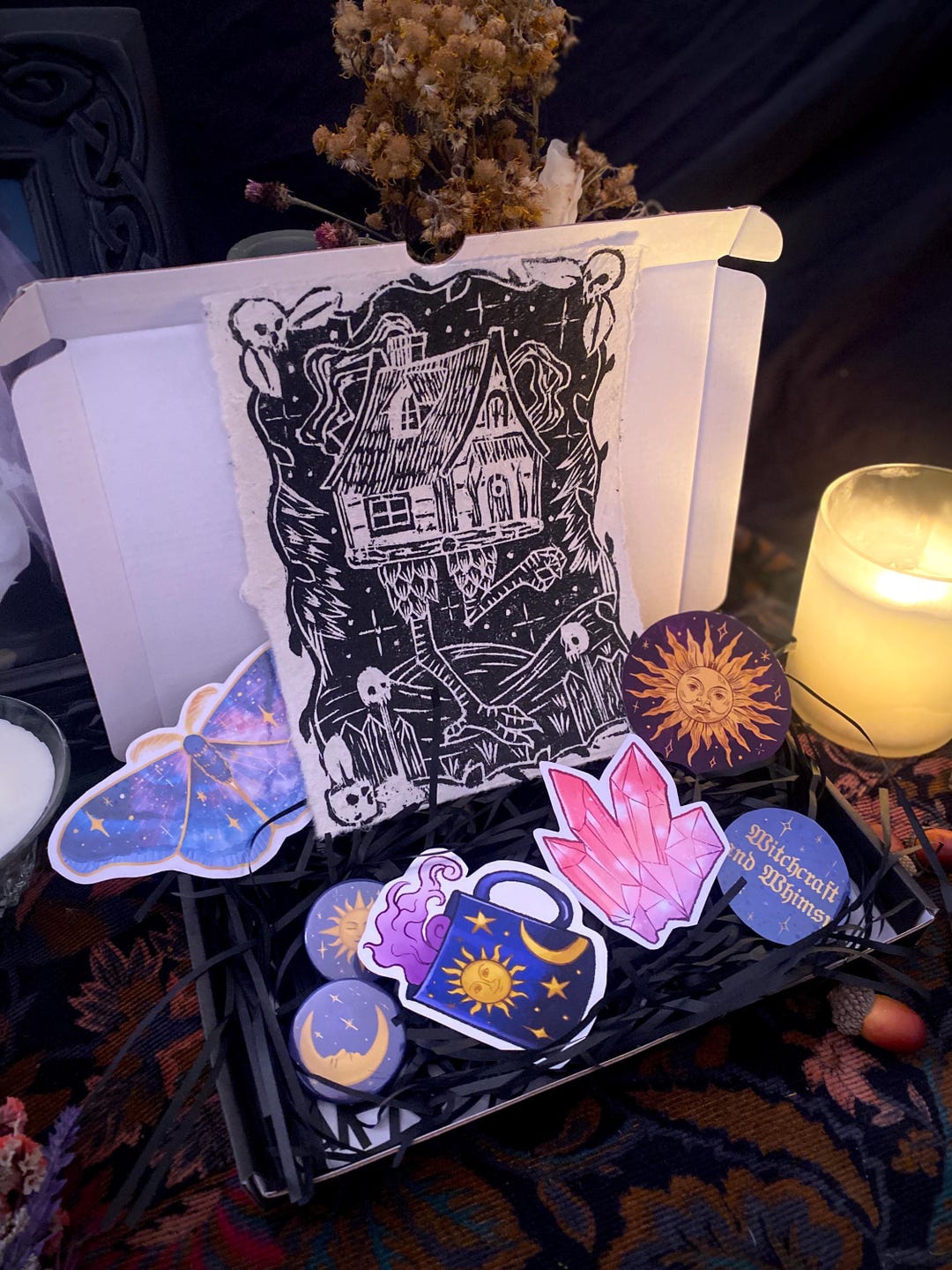 Witch Art Gift Set - Badges, Stickers and Woodcut Print - Baba Yaga ...