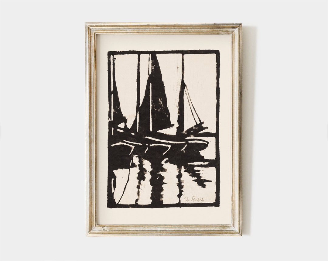 Printable Vintage Block Print of Sailboats, Coastal Wall Art, Antique ...