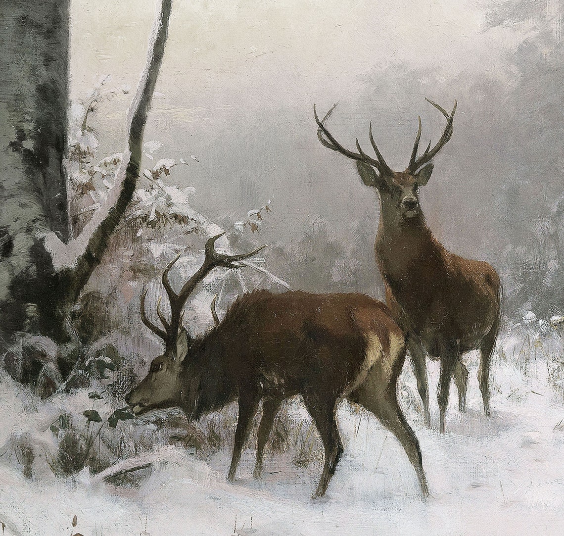 Printable Vintage Painting of Deer in the Snow Neutral Winter | Etsy