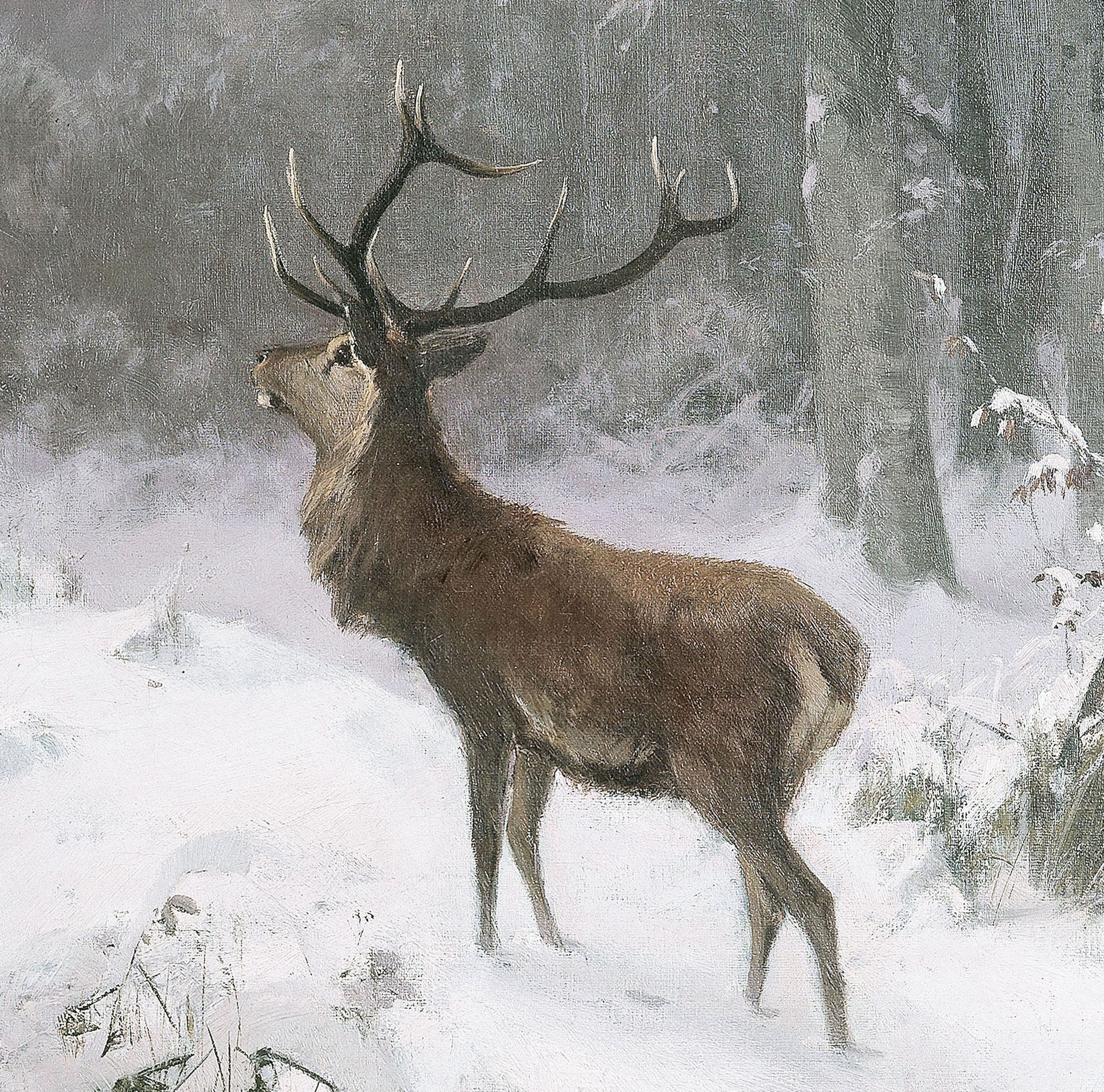 Printable Vintage Painting of Deer in the Snow Neutral Winter | Etsy