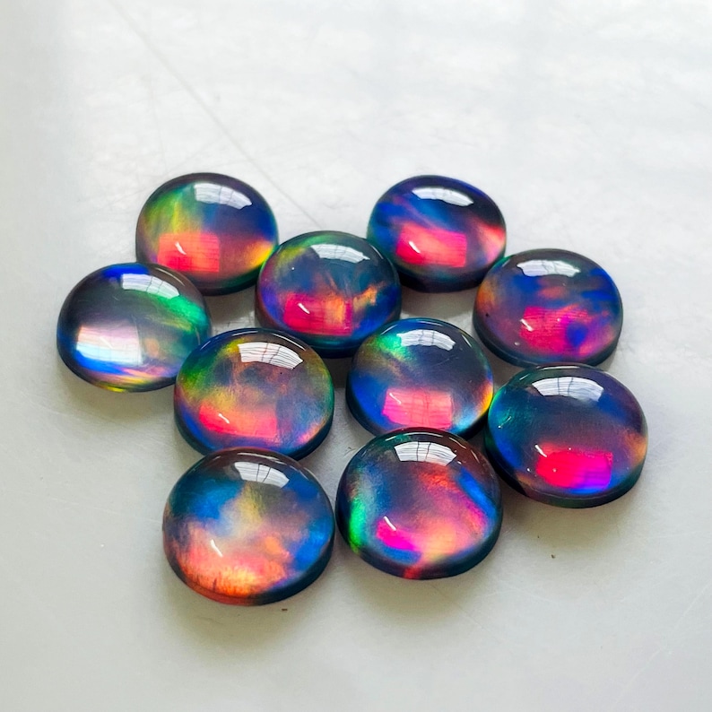 Aurora Opal Gemstone Cabochon: Round Doublet Opal, Handmade Stone ...
