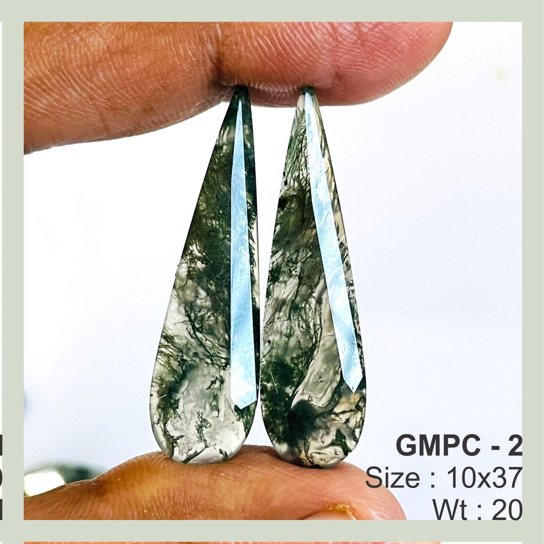 Faceted Green Moss Agate Cabochon Pair: Natural Gemstones for Earrings ...