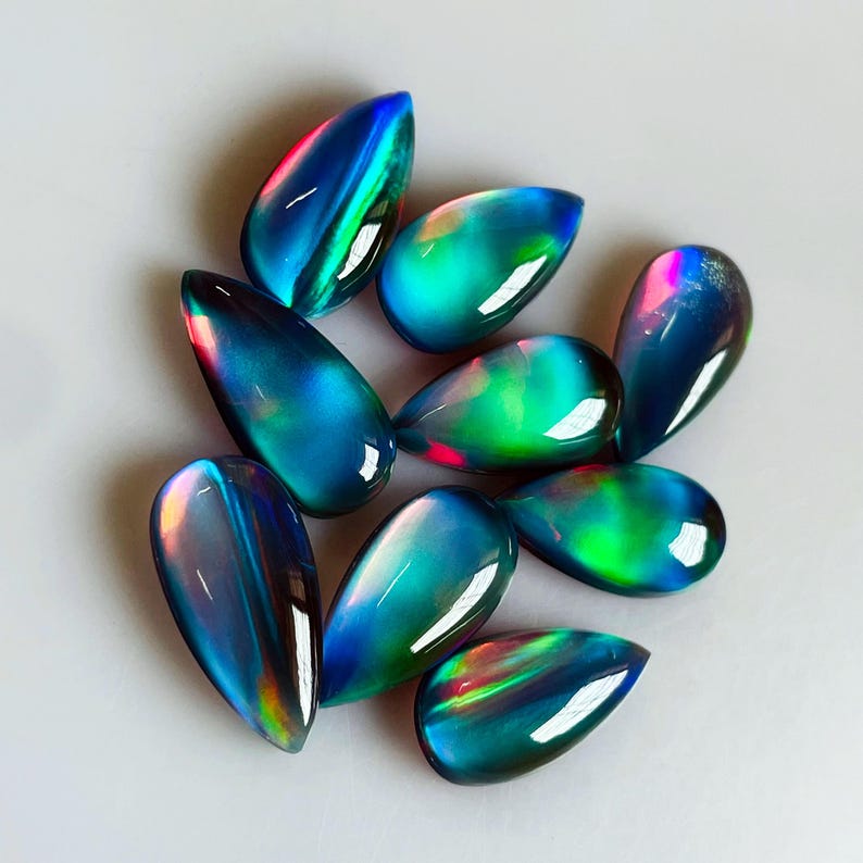 Aurora Opal Gemstone Cabochon: Long Pear Doublet Opal, Handmade Stone ...