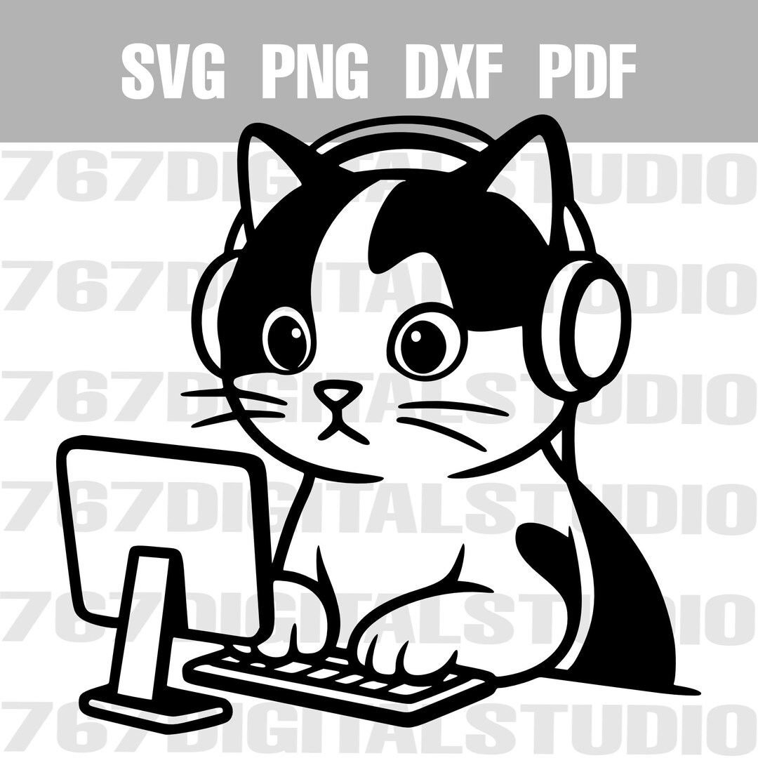 Cat at Computer SVG | Cute Gamer Kitty Clip Art | DXF PNG Pdf Vector ...