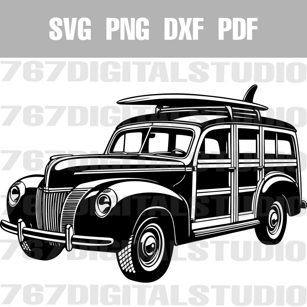 Woody Wagon Surfboard SVG: Classic Surf Car Vector Clipart (digital ...