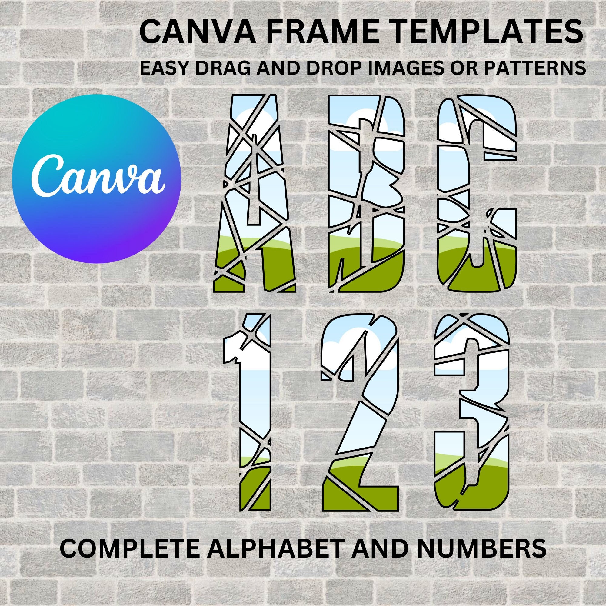 Broken Glass Font Canva Frame Templates - Letters Template - Numbers ...