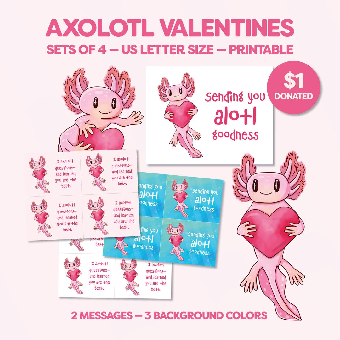 Printable Axolotl Valentine Classroom Cards—valentine's Day Party ...