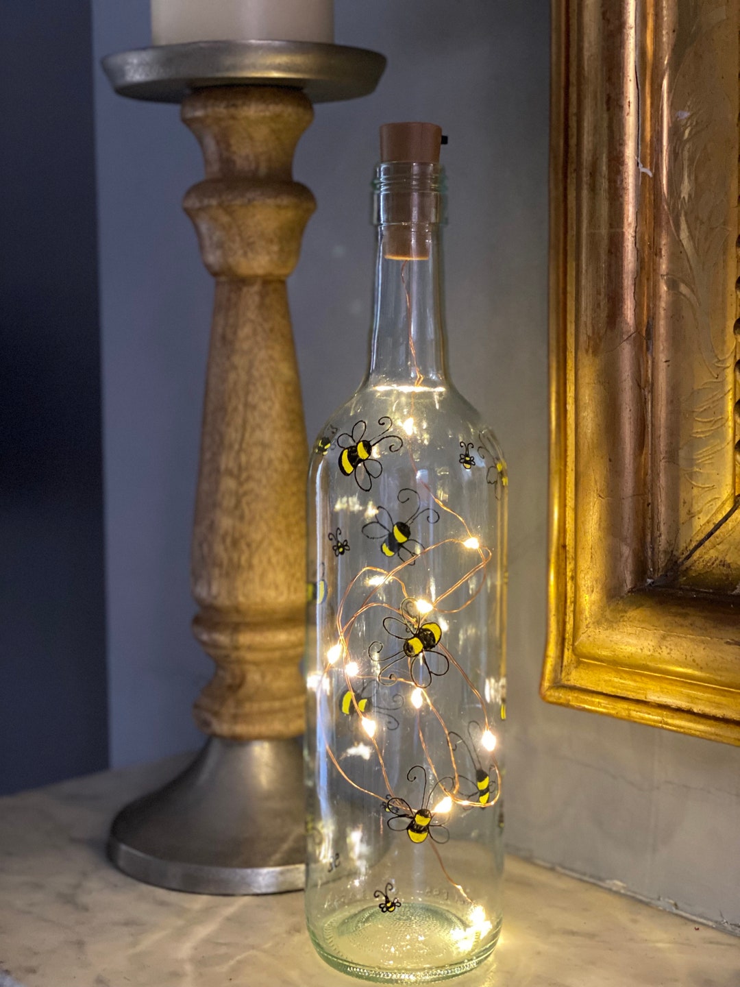 Bumble Bee Light up Bottle, Upcycled Home Decor, Hand Painted Bottle ...