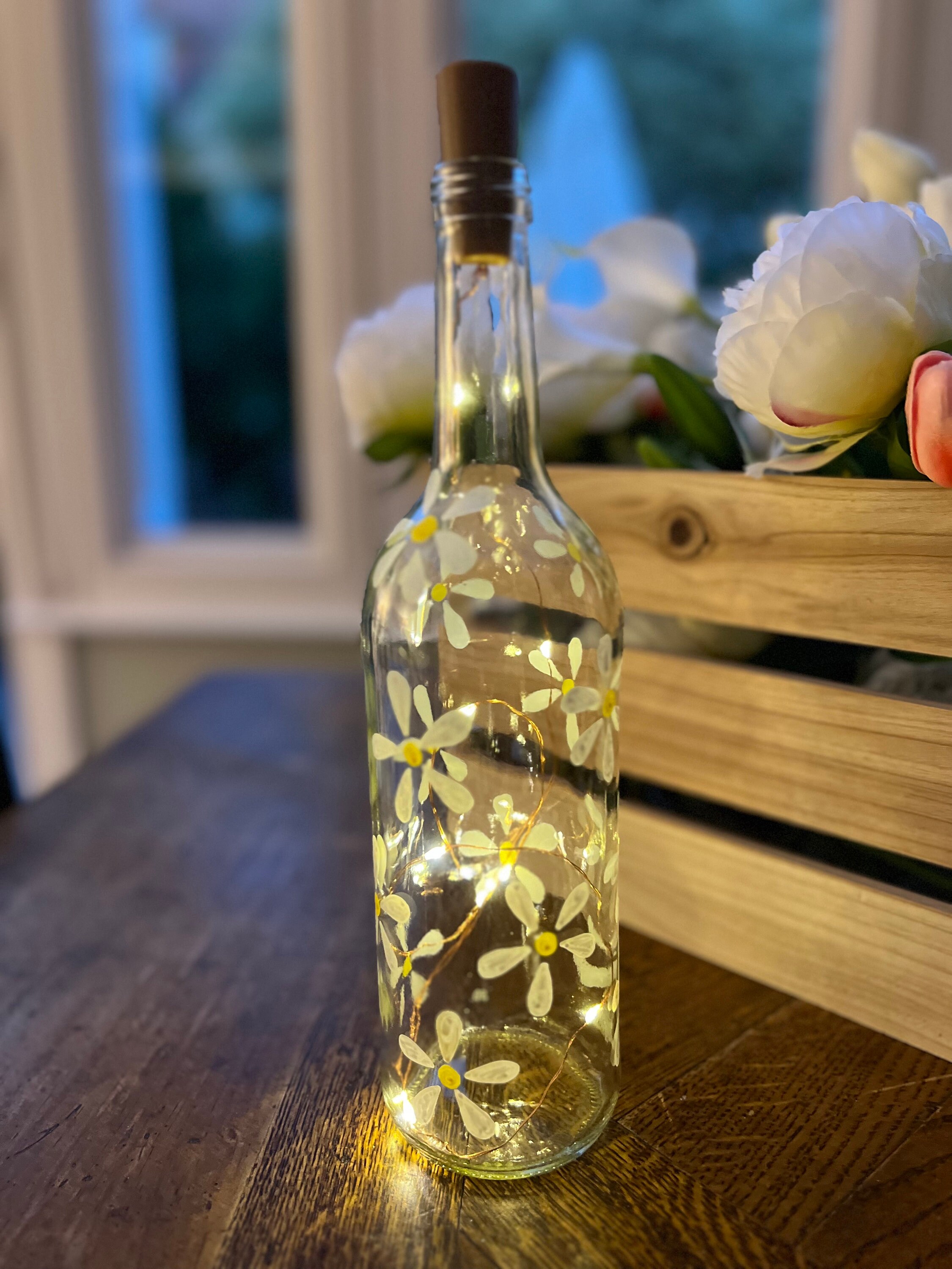 Daisy Flowers Light up Bottle, Hand Painted, Up-cycled Home Decor ...