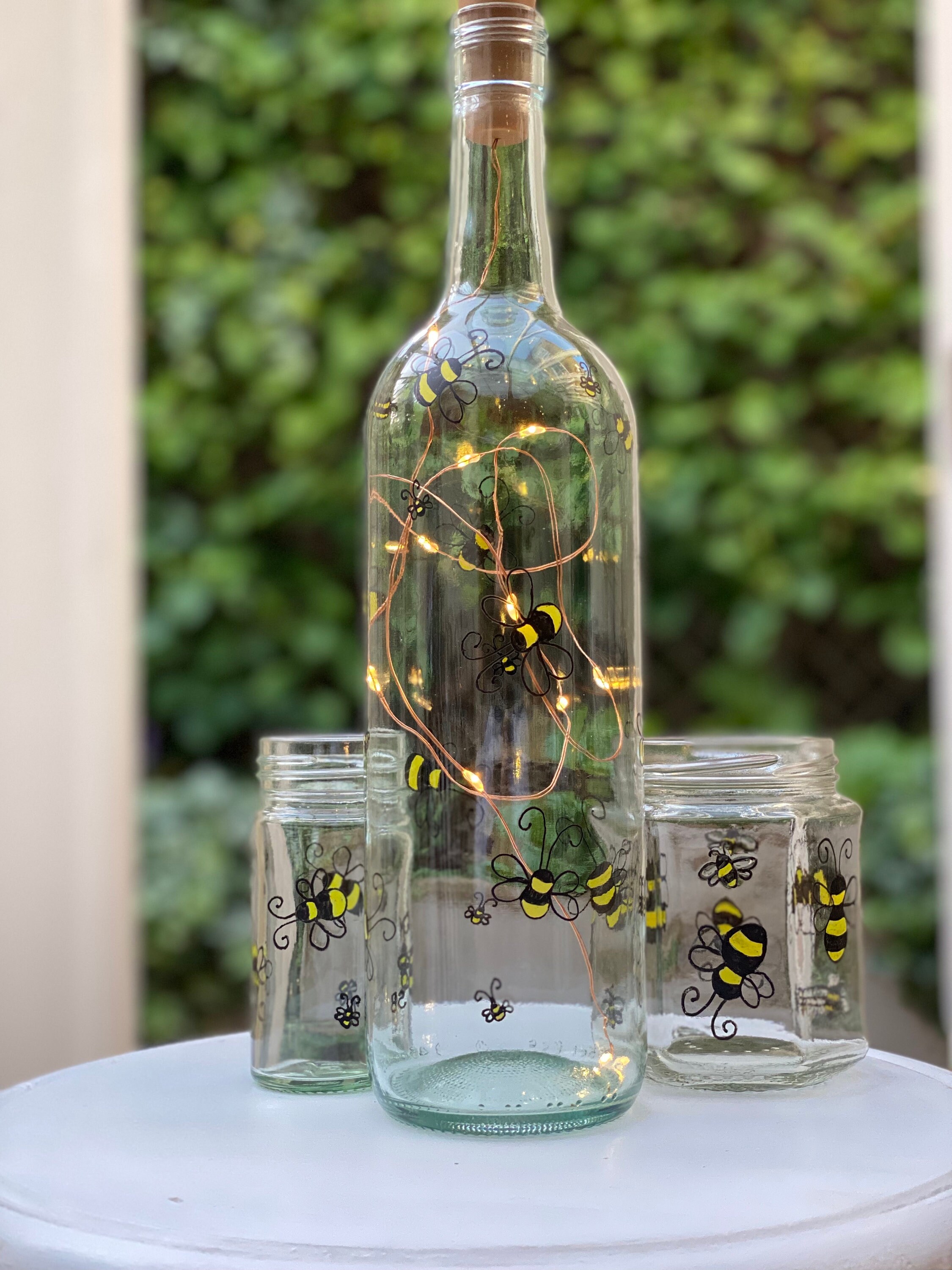 Bumble Bee Light up Bottle, Upcycled Home Decor, Hand Painted Bottle ...